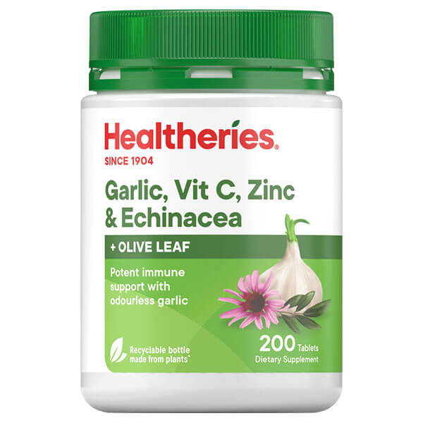 Healtheries Garlic, Vitamin C, Zinc & Echinacea with Olive Leaf 200 Ta ...